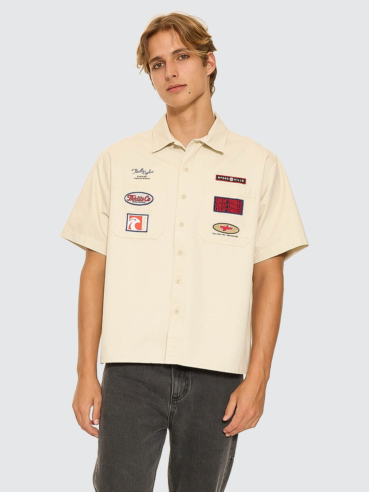 Double Time Short Sleeve Short Work Shirt in White | Thrills Co.