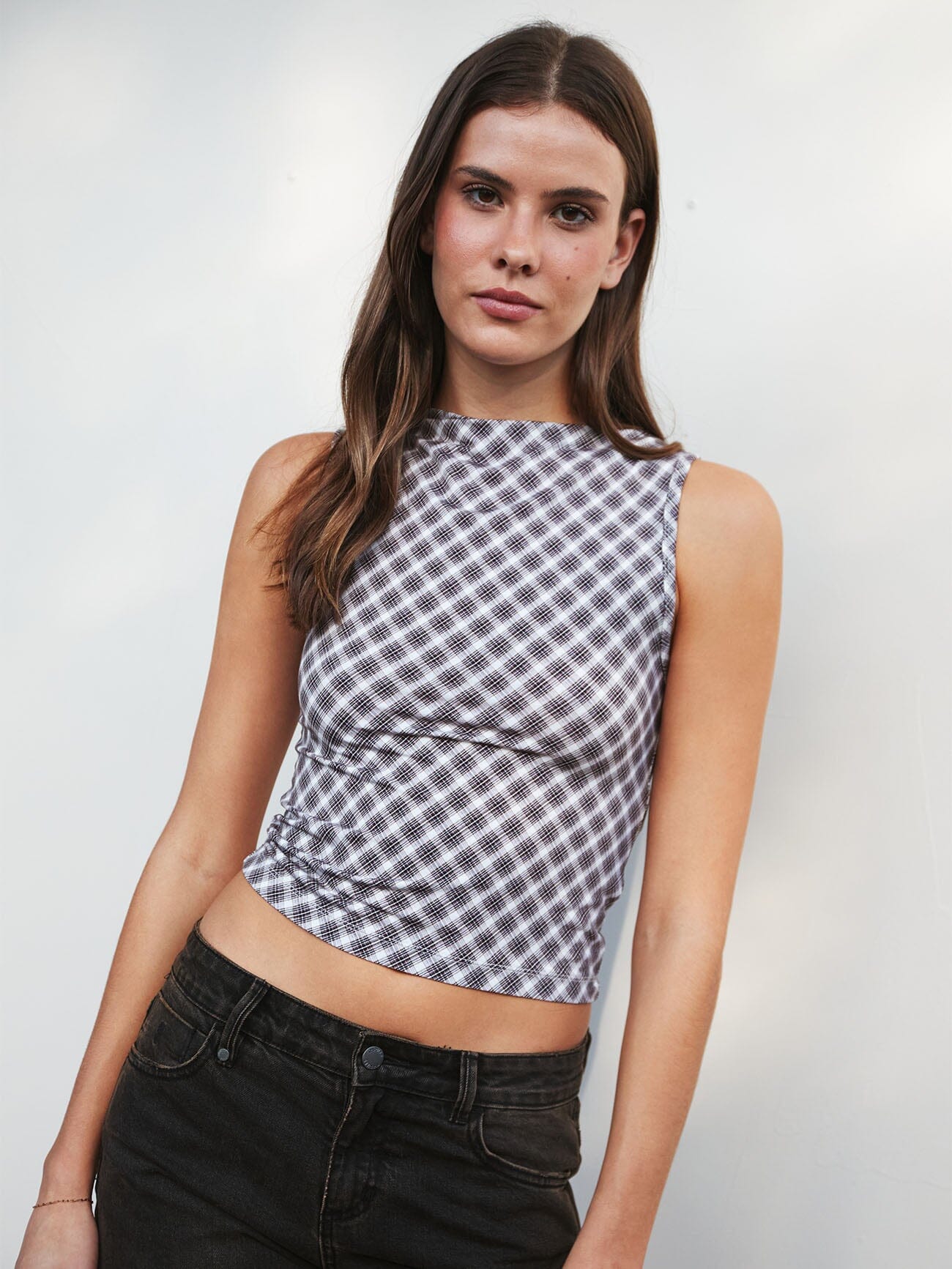 Adorned Check Tank in Brown | Thrills Co.